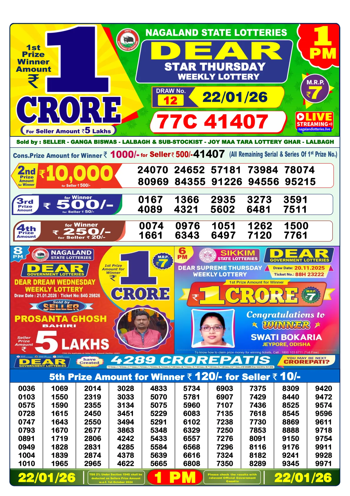 Lottery Sambad Old Result - 22/01/2026 | 1PM
